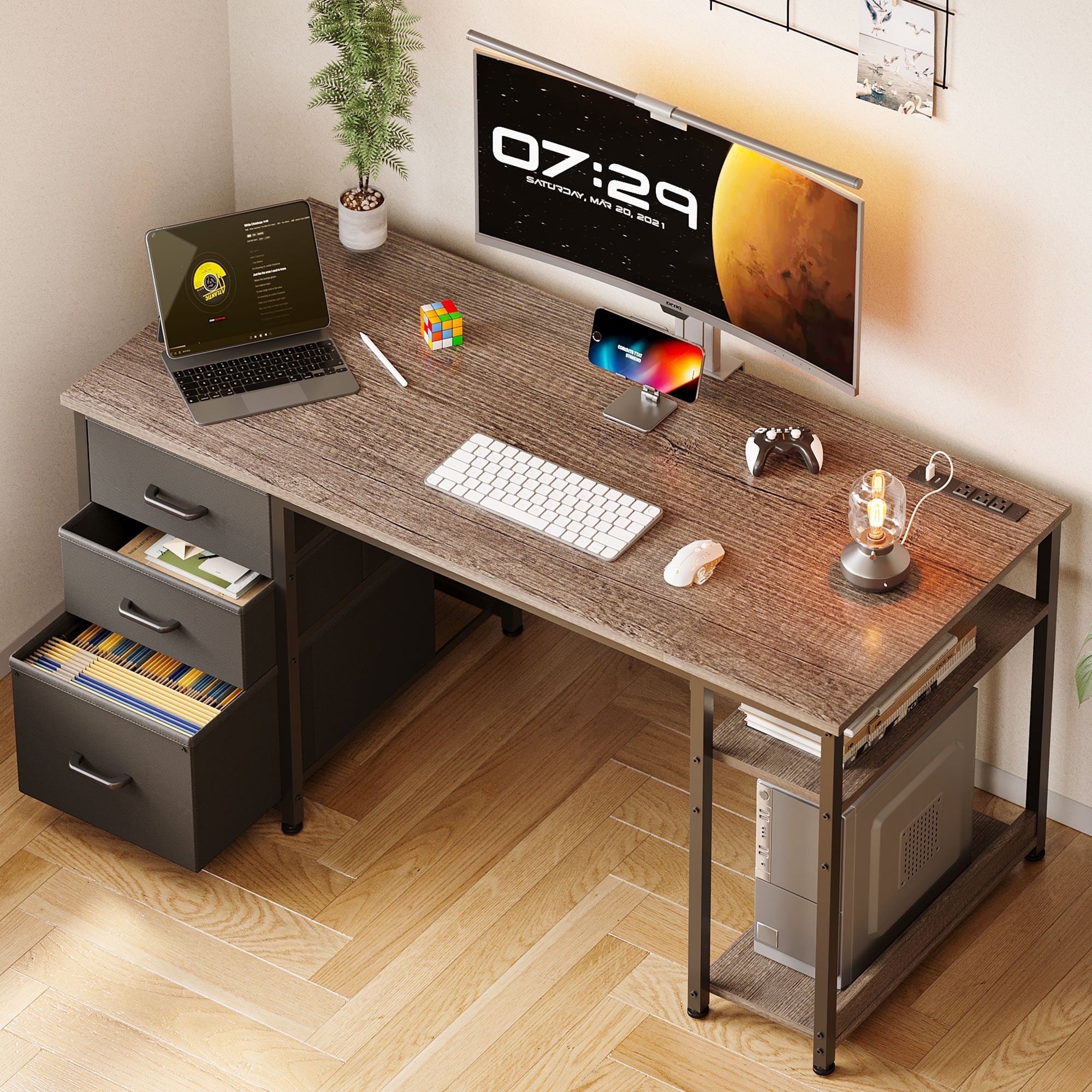 51 Inch Computer Desk with File Drawers & USB Power Outlets- Reversibl ...