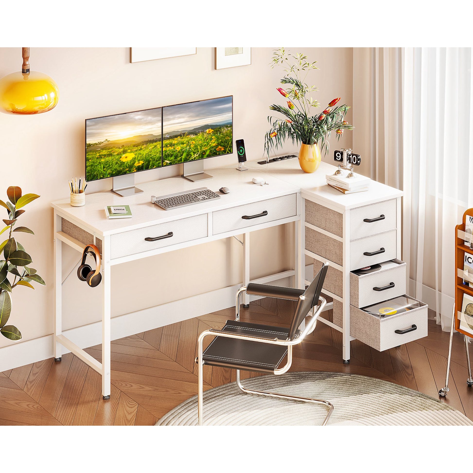Casacomoda 50 inch L Shaped Desk with 6 Drawers, Computer Desk with Po
