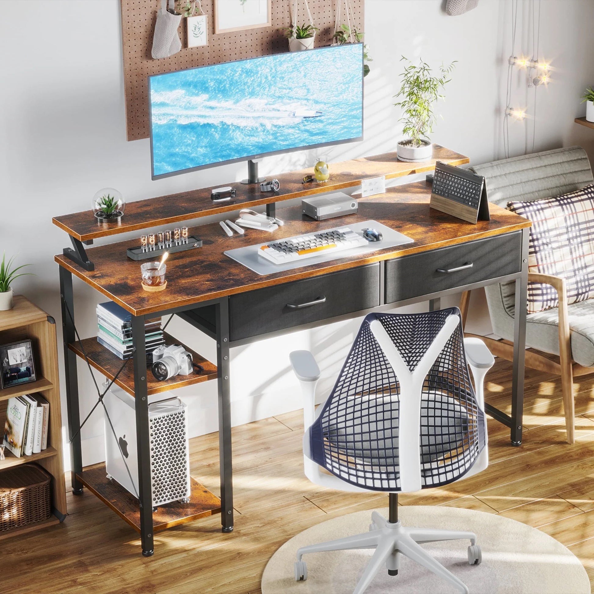 48 Inch Computer Desk with 2 Fabric Drawers and Adjustable Storage She ...